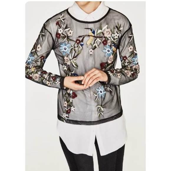 Zara | Tops | Zara Embroidered Tulle Top Black Mesh Bohemian Sheer ...